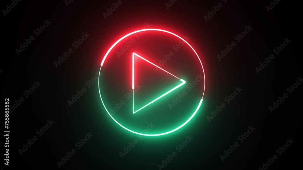 Neon glowing Play button animation on black background. Play button ...