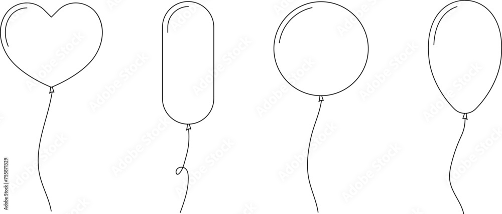 Balloon outline icons. Balloon with string in line cartoon style ...
