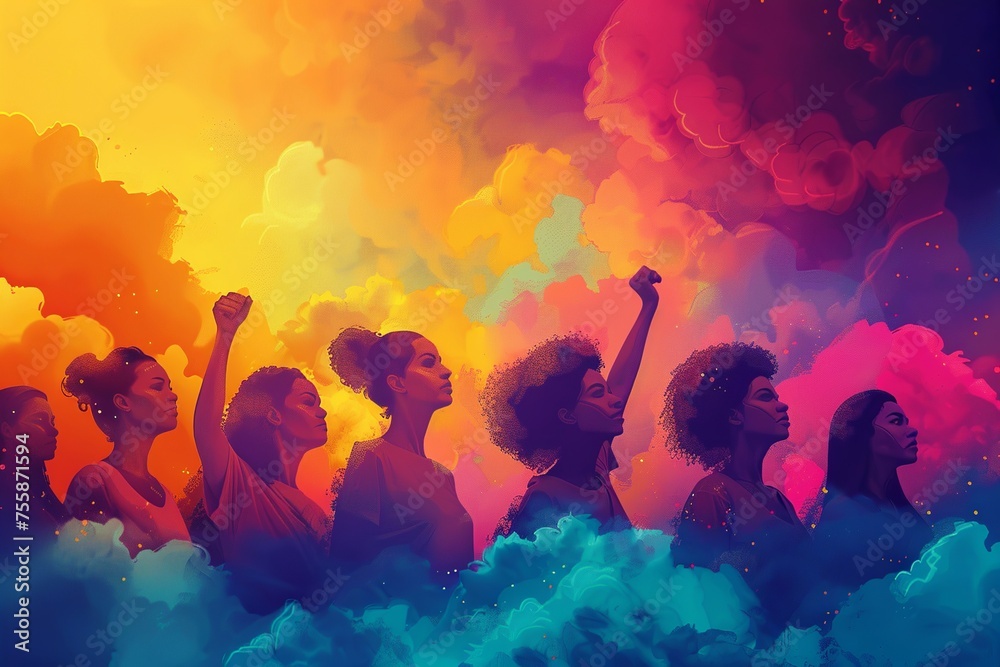 This vibrant Women's Day poster background radiates with symbols of ...