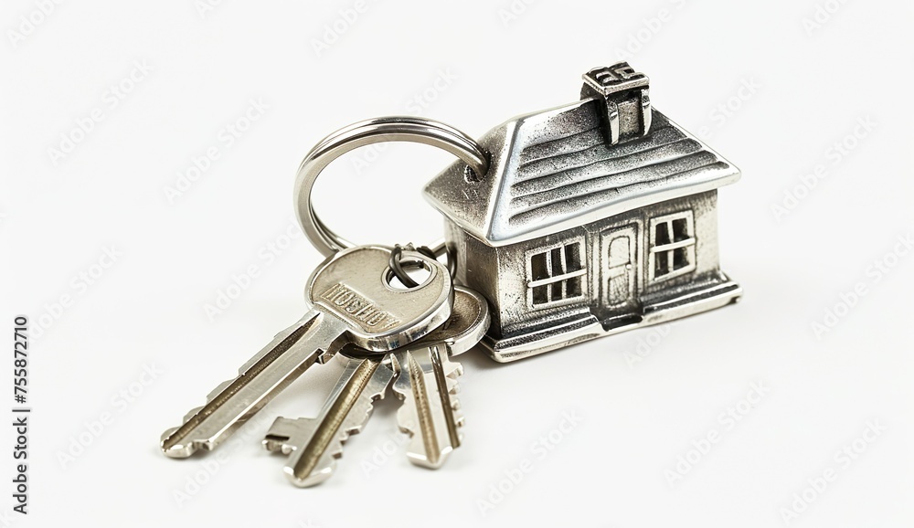 The houses shaped silver key ring with keys on a white background ...