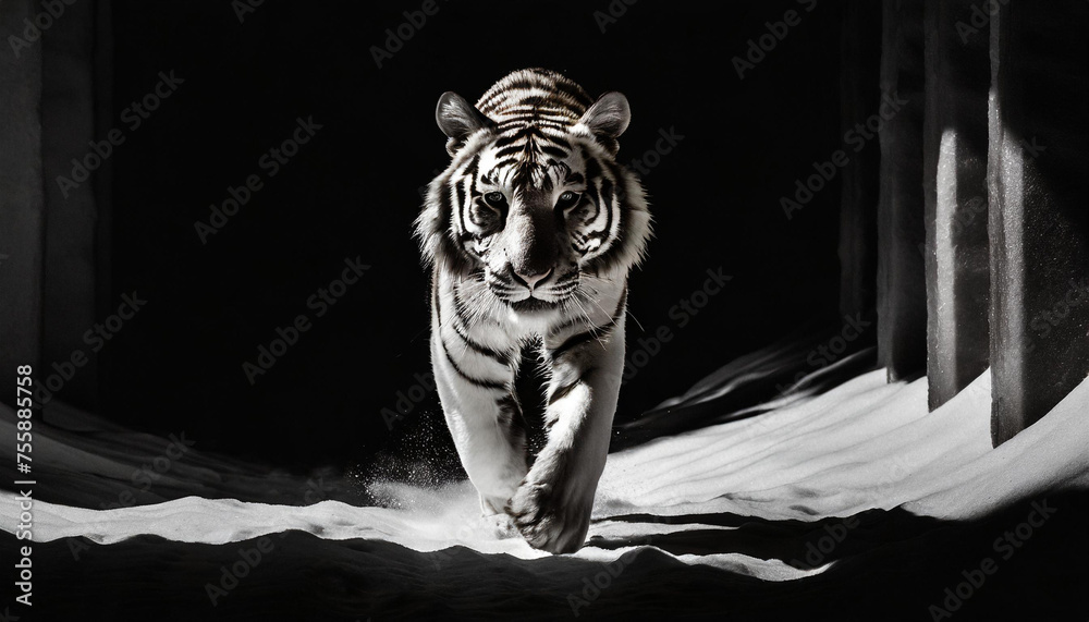 Grayscale photo of majestic white tiger navigating snowdrift Stock ...