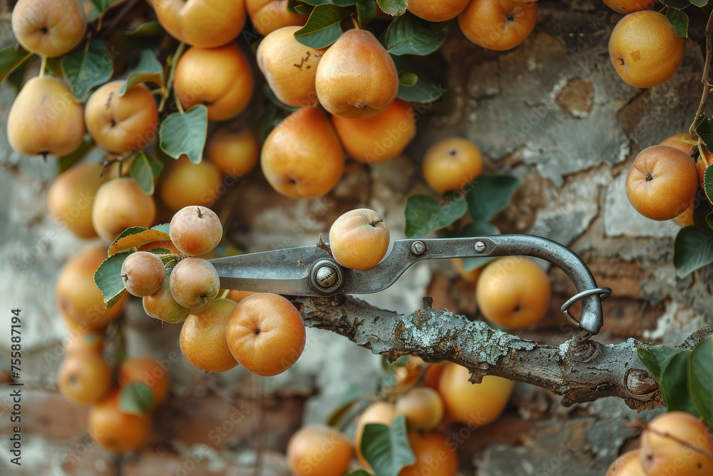 A pair of shears shaping an espaliered fruit tree against a sunlit wall ...