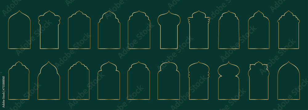 Gold thin arch frame shape Islamic door or window with geometric girikh ...