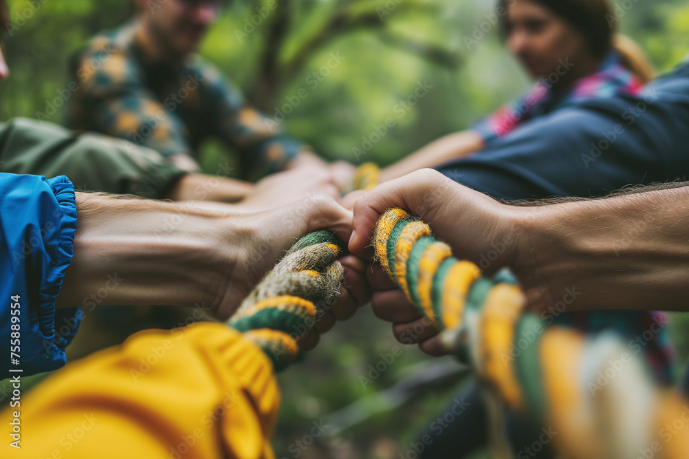 Tug of war game, dynamic team-building activity, People playing tug of ...