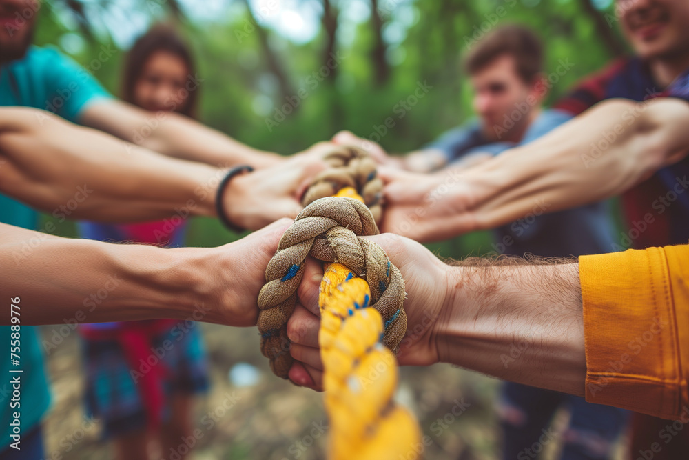 Tug of war game, dynamic team-building activity, People playing tug of ...