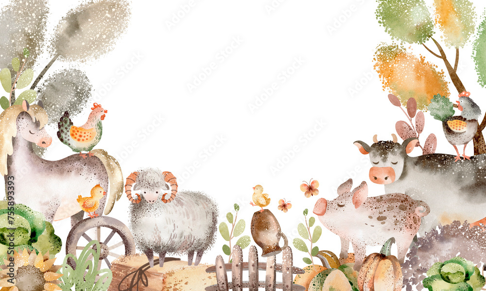 Farm animals card. Watercolor border with cute cow, horse and pig for ...