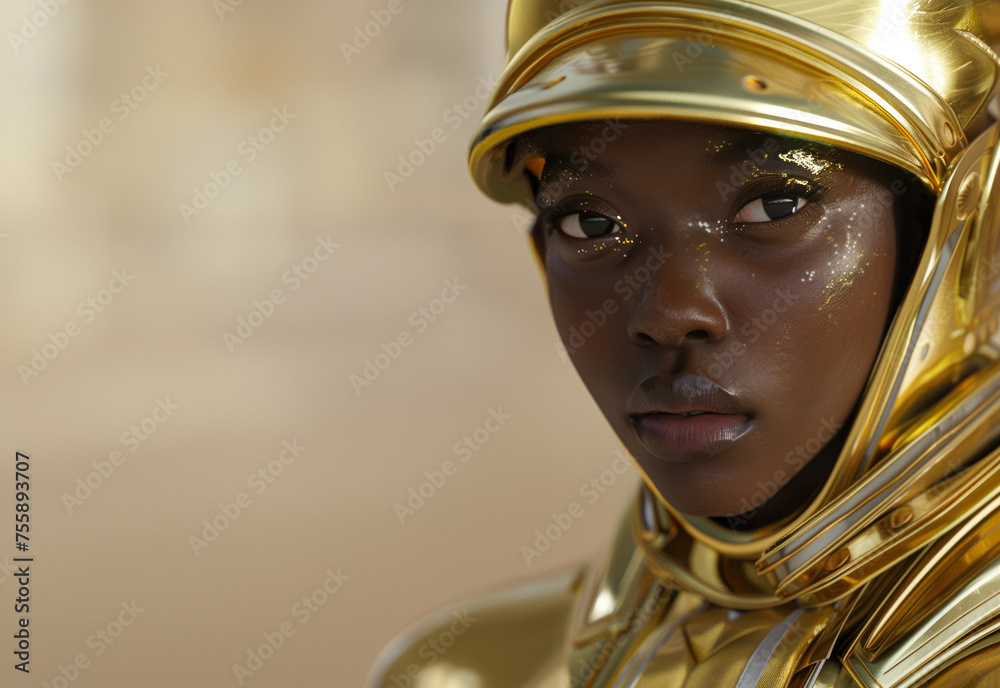 Female golden warrior futuristic robot, robotic costume with artificial ...