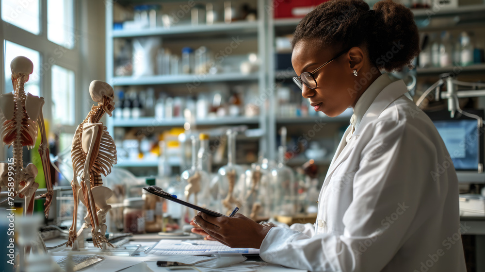 Young woman, likely a medical student, studying or taking notes from a ...