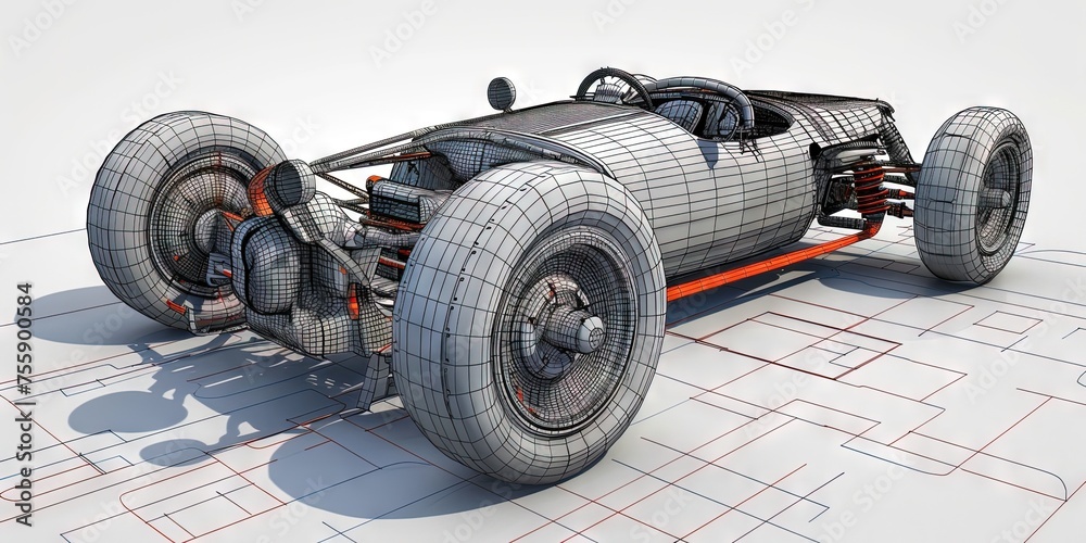 3D model of an electric car chassis with tires and schematics Stock ...
