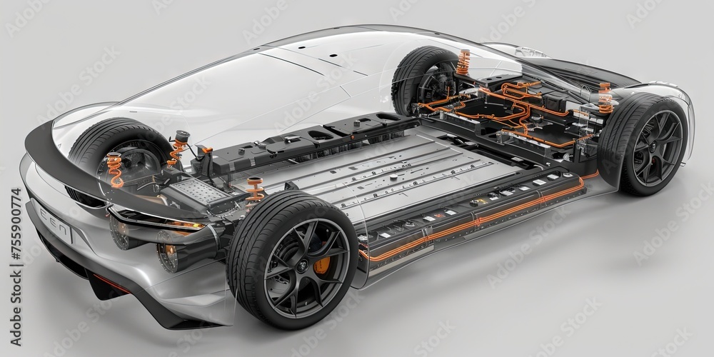 3D model of an electric car chassis with tires and schematics Stock ...