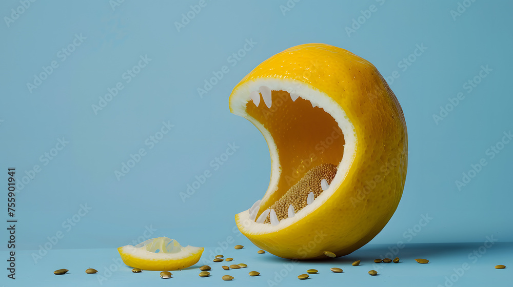 Lemon carved as an open mouth like Pac-Man trying to eat a slice of ...