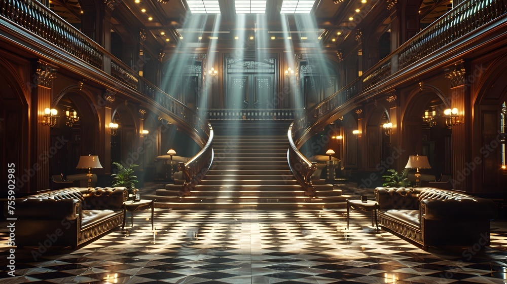 Secluded Elegance A Vintage Luxury Hotel Lobby Embraced by Film Noir ...
