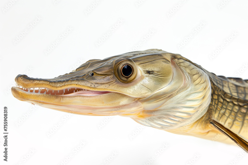 Alligator gar isolated in copy space white background, Atractosteus ...