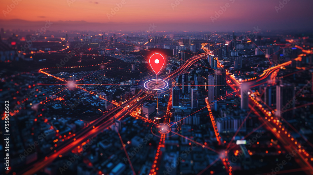 Aerial view of a bustling metropolis at dusk with a glowing red map pin hovering over a major ...