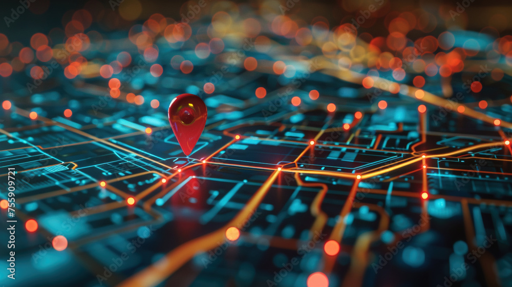 Map view of a city's public transport system with a red map pin on a ...