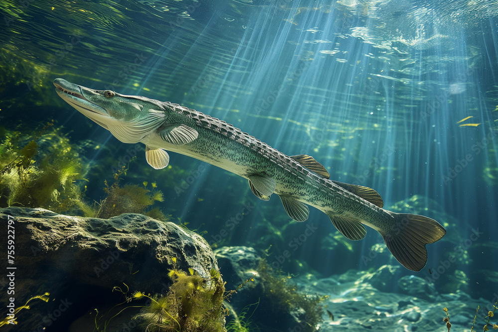 Alligator gar in the sea, Atractosteus spatula, Alligator gar full body ...