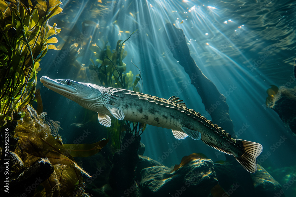 Alligator gar in the sea, Atractosteus spatula, Alligator gar full body ...