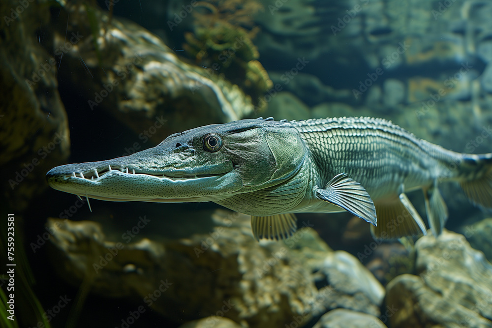Alligator gar in the sea, Atractosteus spatula, Alligator gar full body ...