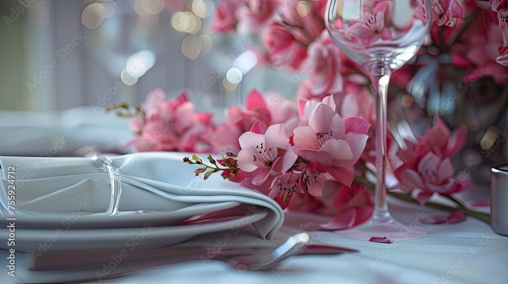 diffused light illuminates the table setting, highlighting the delicate ...