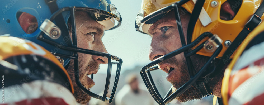 Close up side view portrait. Guys in protective helmets and uniforms ...