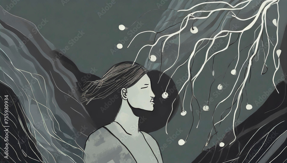 Paiting of a Depressed person with panic attack. Cold colors that ...