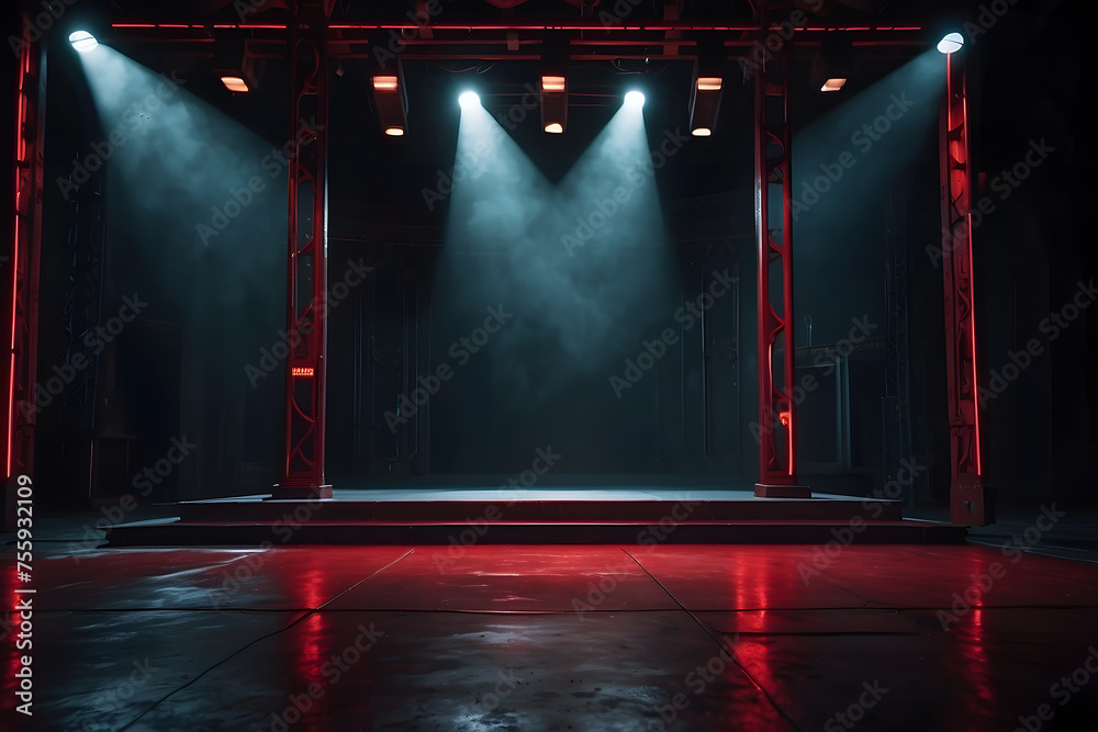Dark stage with red background design, empty scene, neon lights ...