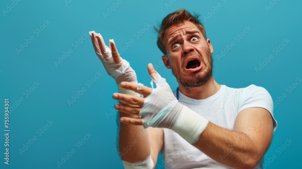 Panicked man with bandaged hands in disbelief - Panicked man with both ...