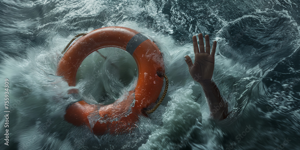 Drowning person and orange lifebuoy for rescue, storm weather. Concept ...