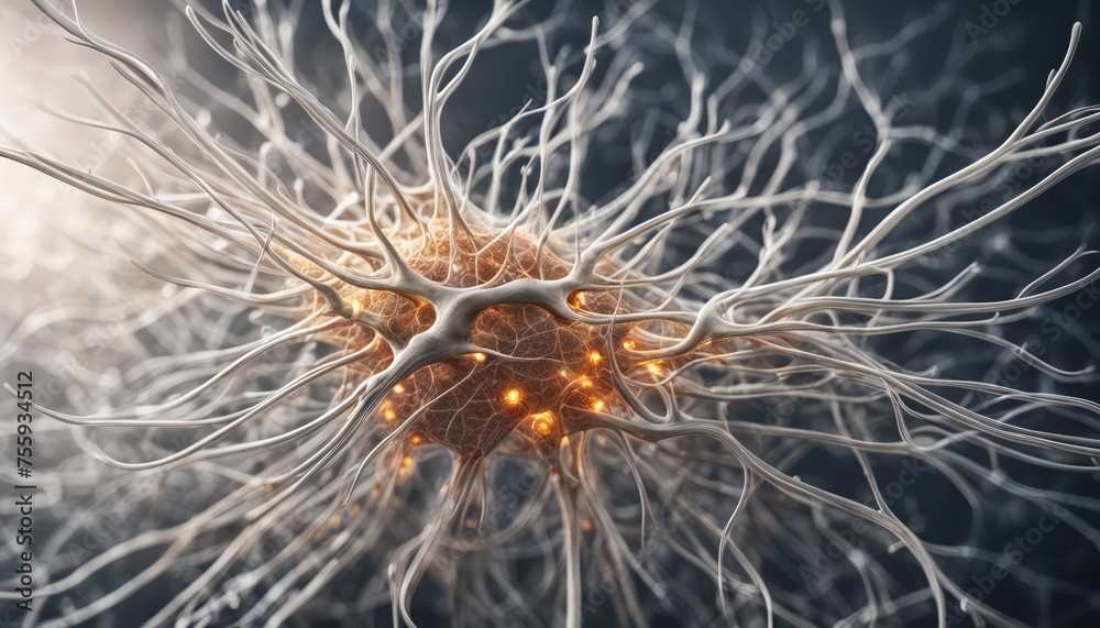 Detailed Neuron with Glowing Connections: An intricate render of a neuron with glowing synapses ...