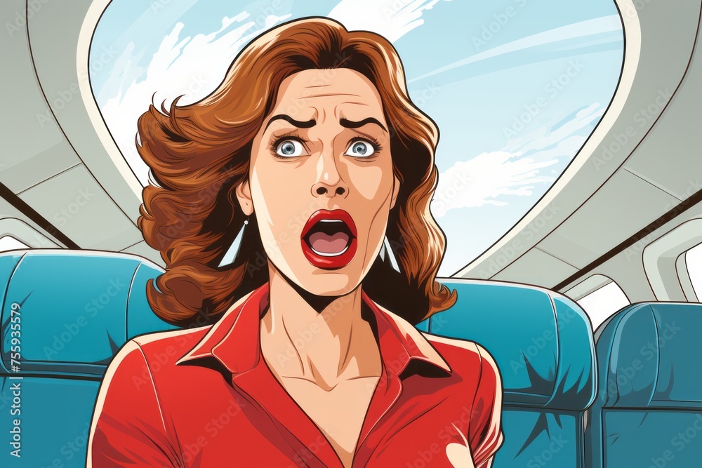 A flight attendants face shows surprise and alarm as she notices ...