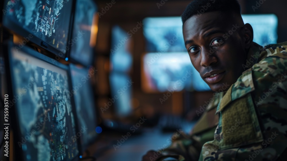 Military personnel monitoring multiple screens - A soldier in camo gear ...