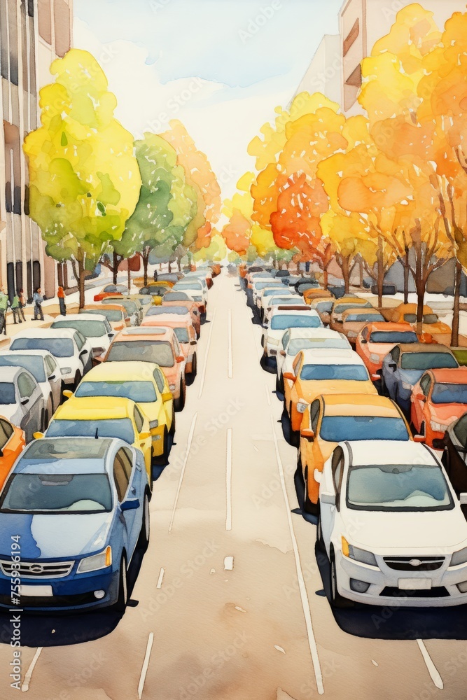 This painting depicts a parking lot filled with cars neatly parked in ...