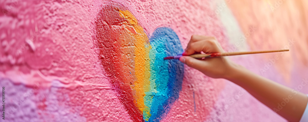Hand drawing heart in rainbow color on the wall. LGBT pride symbol ...