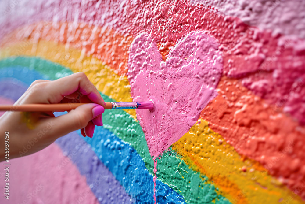 Hand drawing heart in rainbow color on the wall. LGBT pride symbol ...