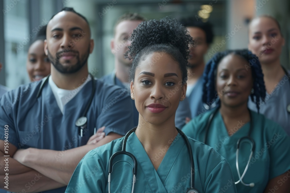A diverse group of doctors in professional attire standing in a circle ...