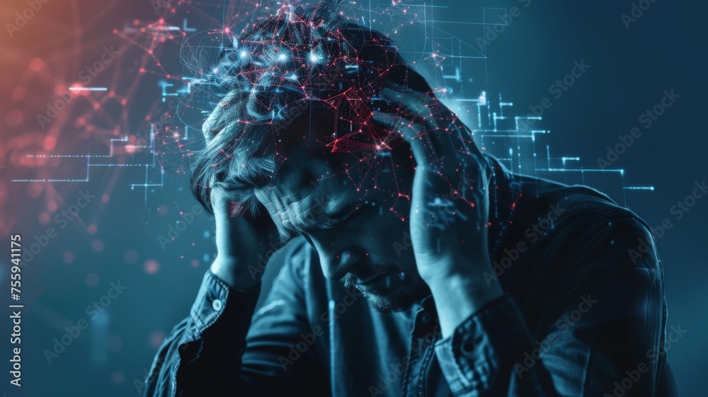 Man with head in hands amidst data - Digital depiction of a stressed ...
