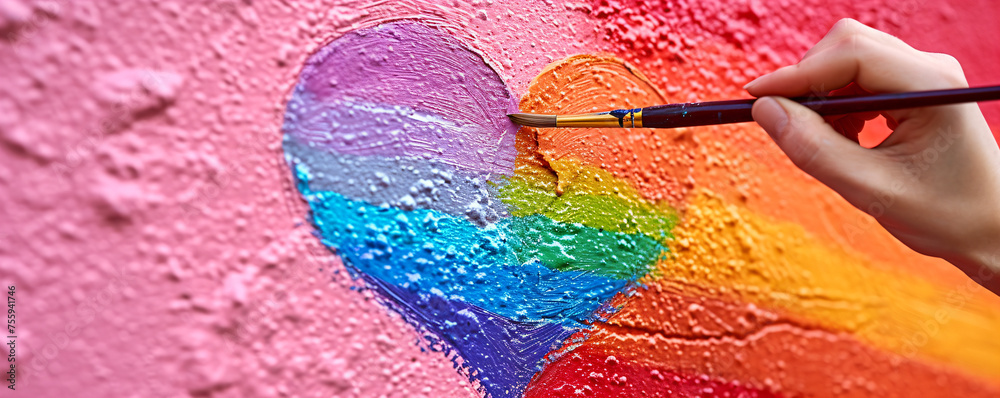 Hand drawing heart in rainbow color on the wall. LGBT pride symbol ...