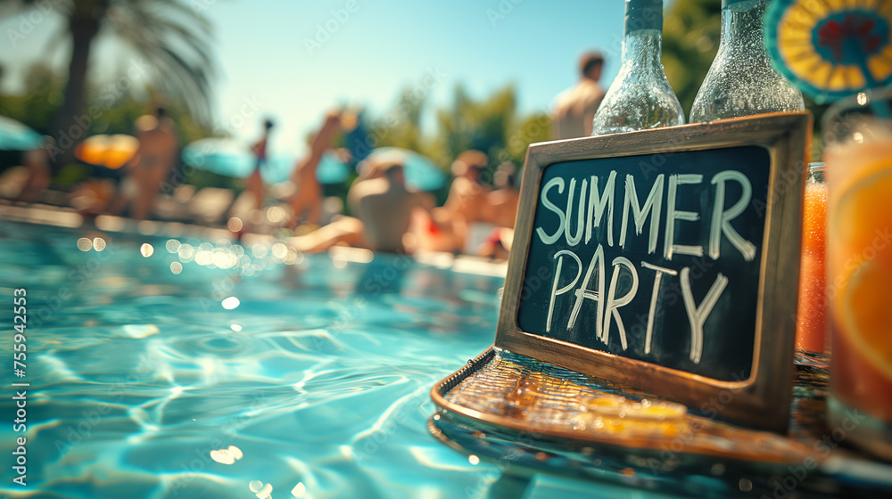 Summer party sign with text "SUMMER PARTY" concept image with pool ...