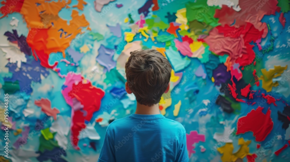 Young boy in front of colorful map mural - A child stands contemplating ...