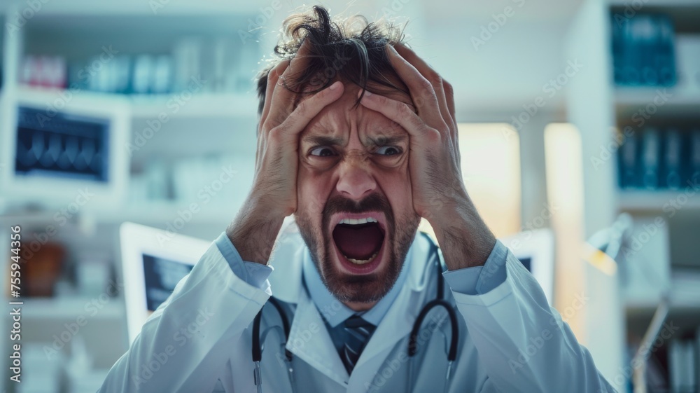 Stressed doctor holding his head in despair - An overwhelmed male ...