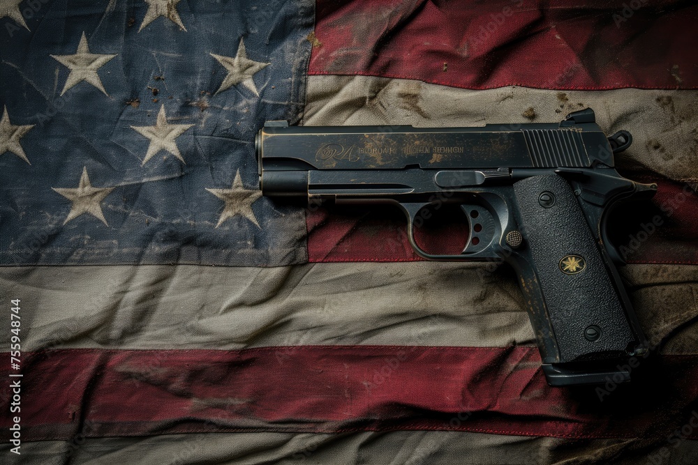 Gun as symbol of american lifestyle and right to have a gun. Pistol on ...