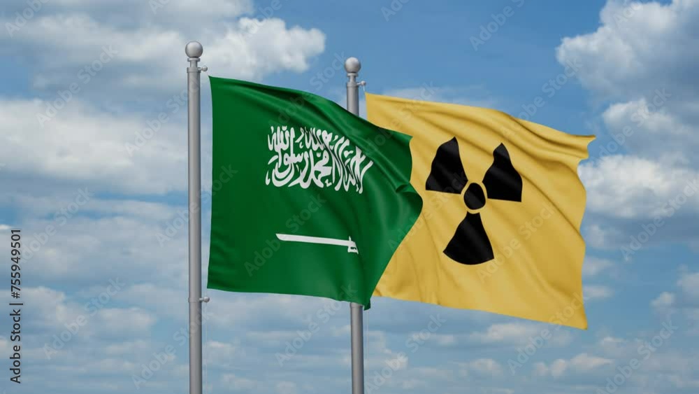 Saudi Arabia and Radiation danger flags waving together on looped video ...