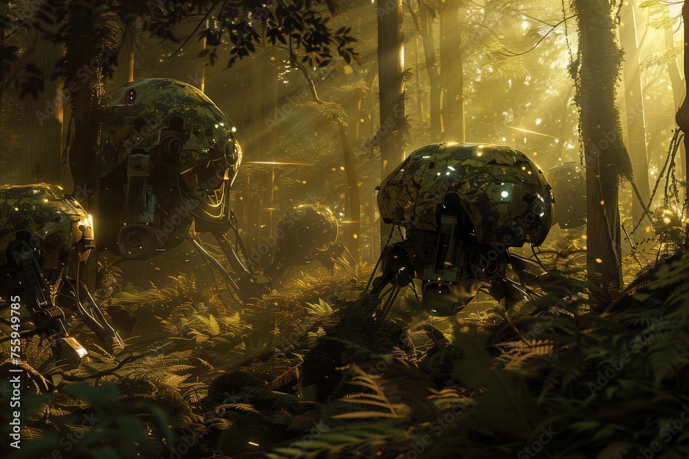 Stealth Robots in Dense Forest Combat. Design a vivid, ultra-realistic ...