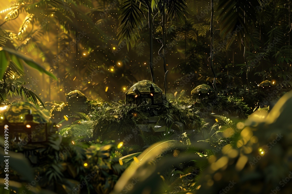 Stealth Robots in Dense Forest Combat. Design a vivid, ultra-realistic ...