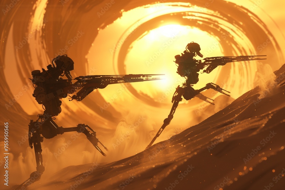 Duel of the Future: Robots in Sandstorm Standoff at Sunset.' Envision ...