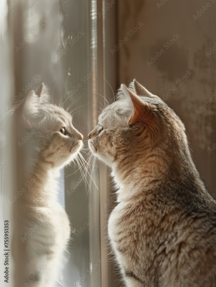 Cat admiring its reflection in the window - A serene feline peers at ...