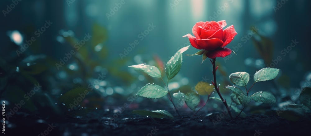 A vibrant red rose blooms among the dense foliage of the dark forest ...