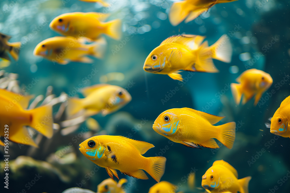 Bunch of Electric yellow cichlids in the sea, African cichlids (Malawi ...