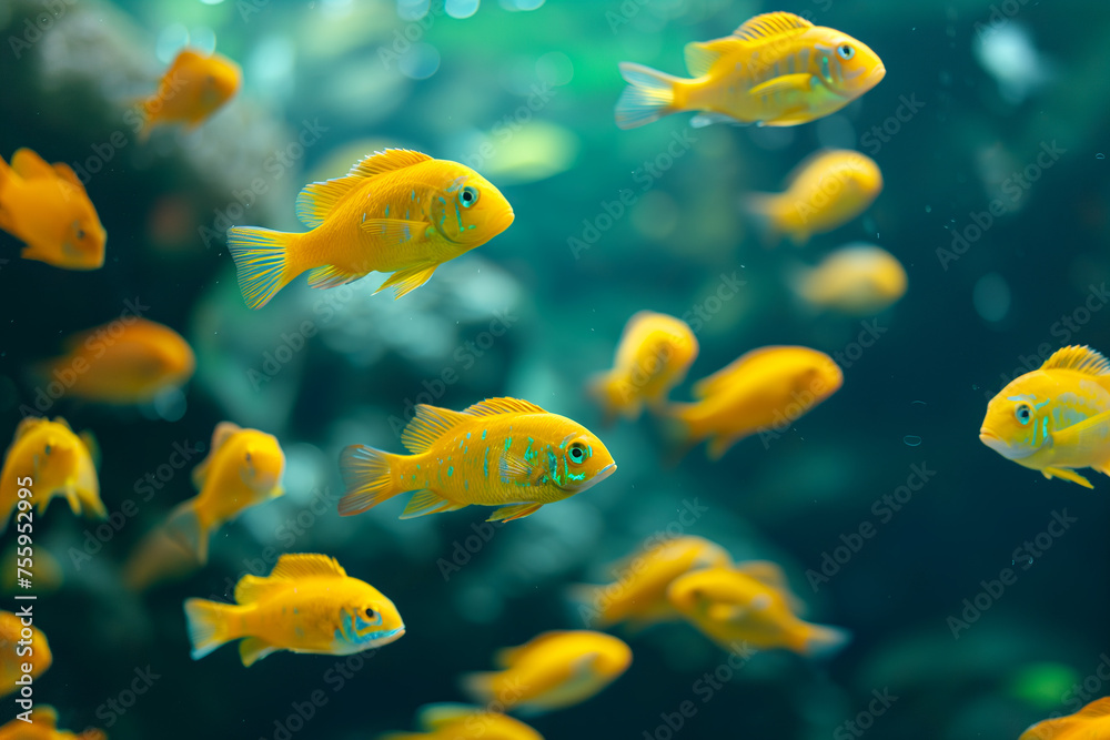 Bunch of Electric yellow cichlids in the sea, African cichlids (Malawi ...