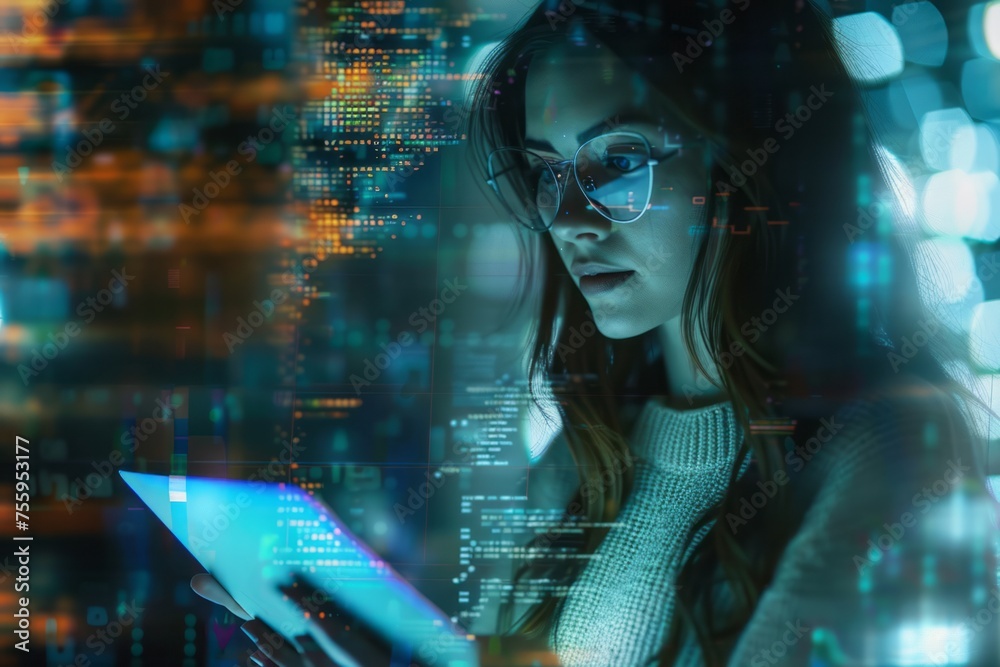 Thinking, code hologram and woman with tablet data analysis, digital ...